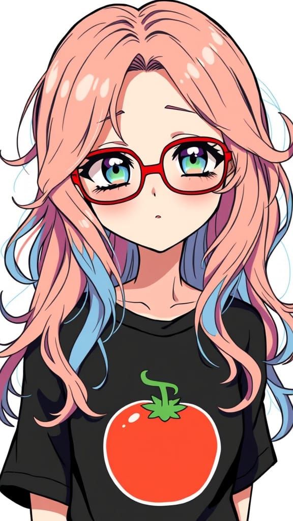 cartoon manga manic pixie dream girl, wavy long dusty-rose and blue ...