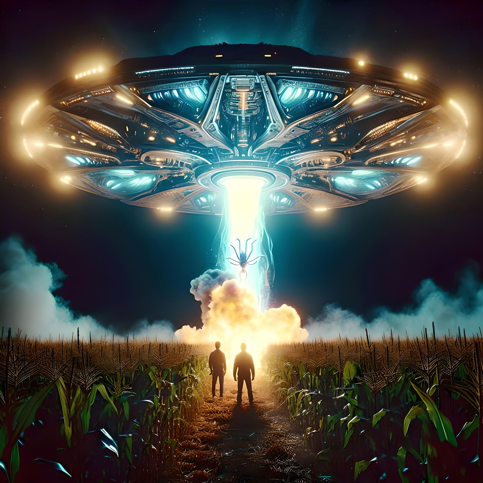 An epic photo of an alien ship with its engine blowing fire out ...