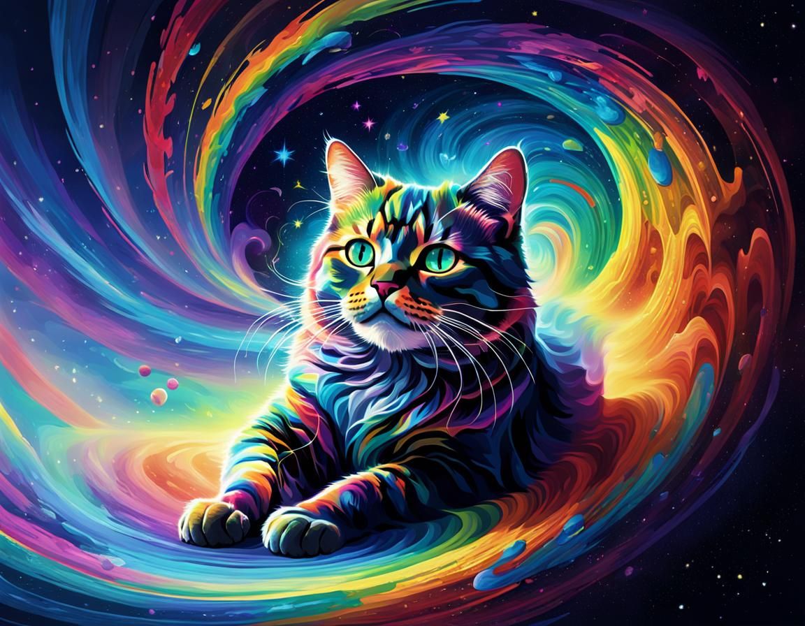 Rainbow polychromatic cat astral projection swirling in the void ...