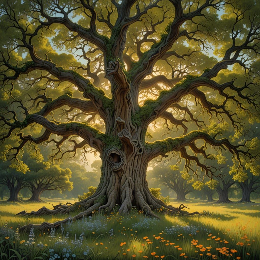 The Ancient Oak Tree - Gnarled Oak Tree in Vibrant Meadow La...