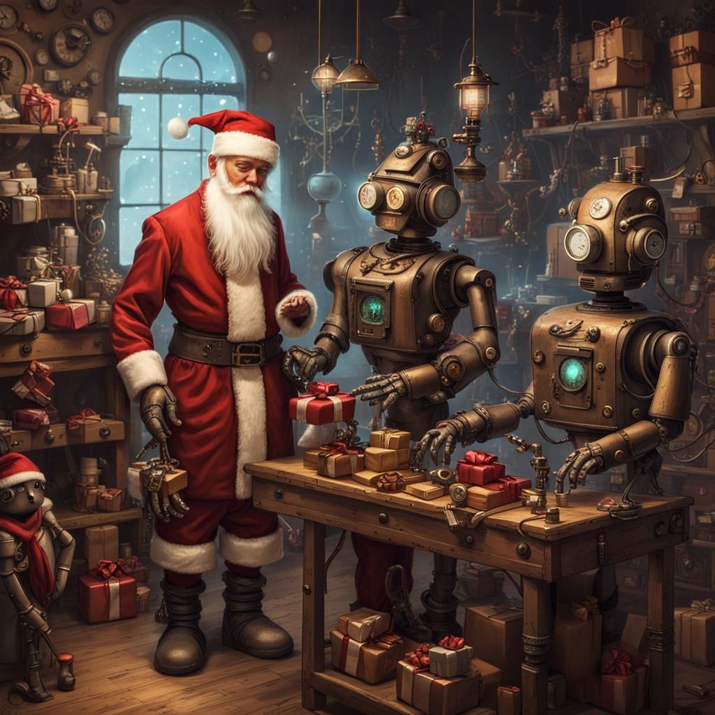 Robot Santa and his robot elves prepare gifts in their robotic ...