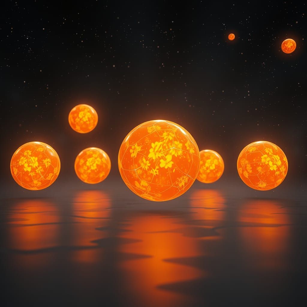 Seven orange orbs with stars - Fantastical Orange Orbs Amids...