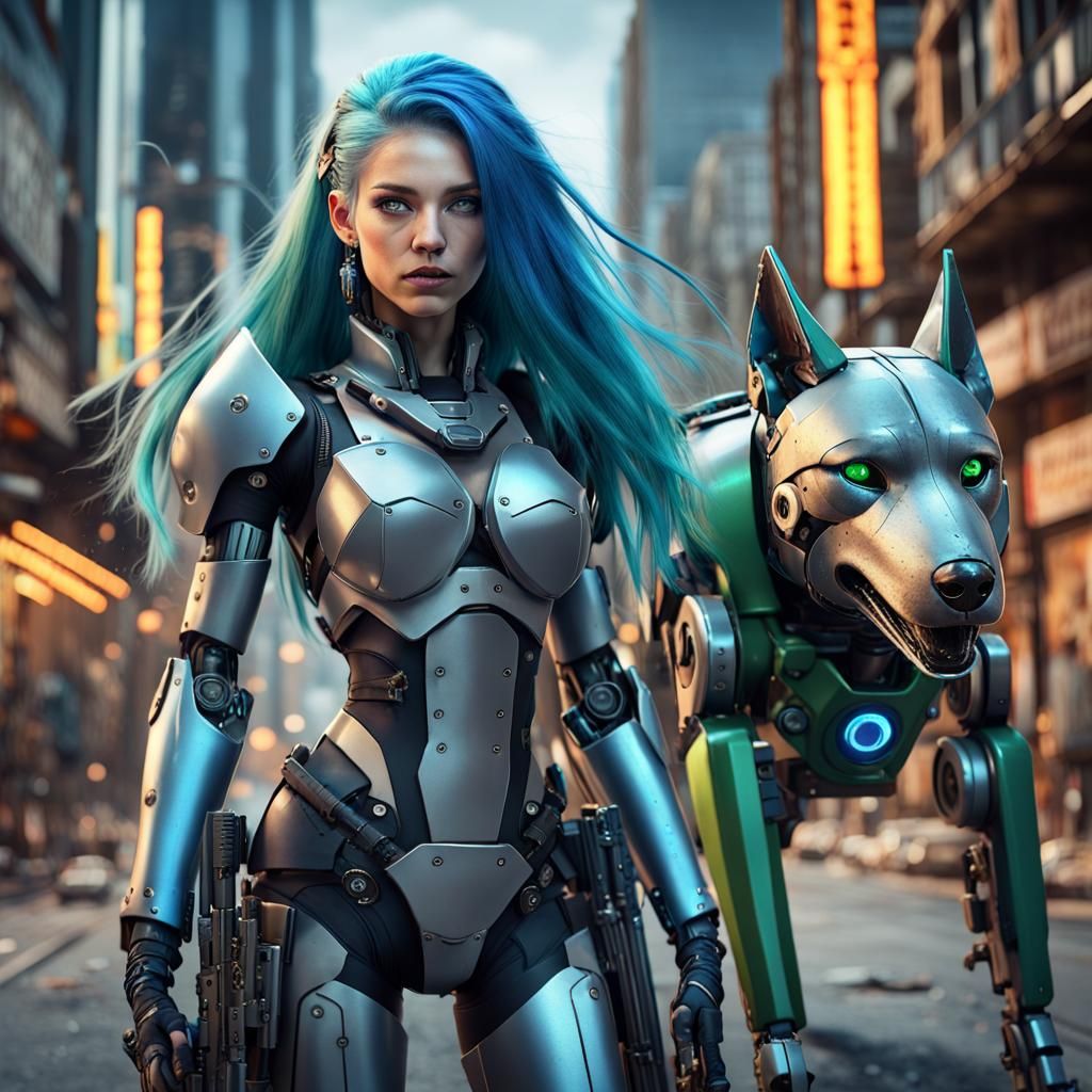 Android Warrior scouts streets with her robodog - AI Generated Artwork ...