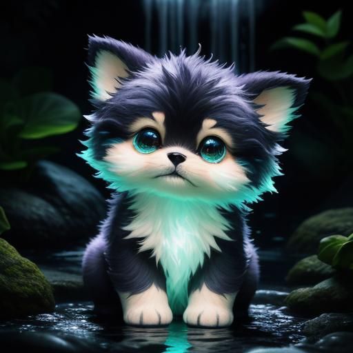 adorable cute chibi baby furry Puppy with a bioluminescent Waterfall in ...