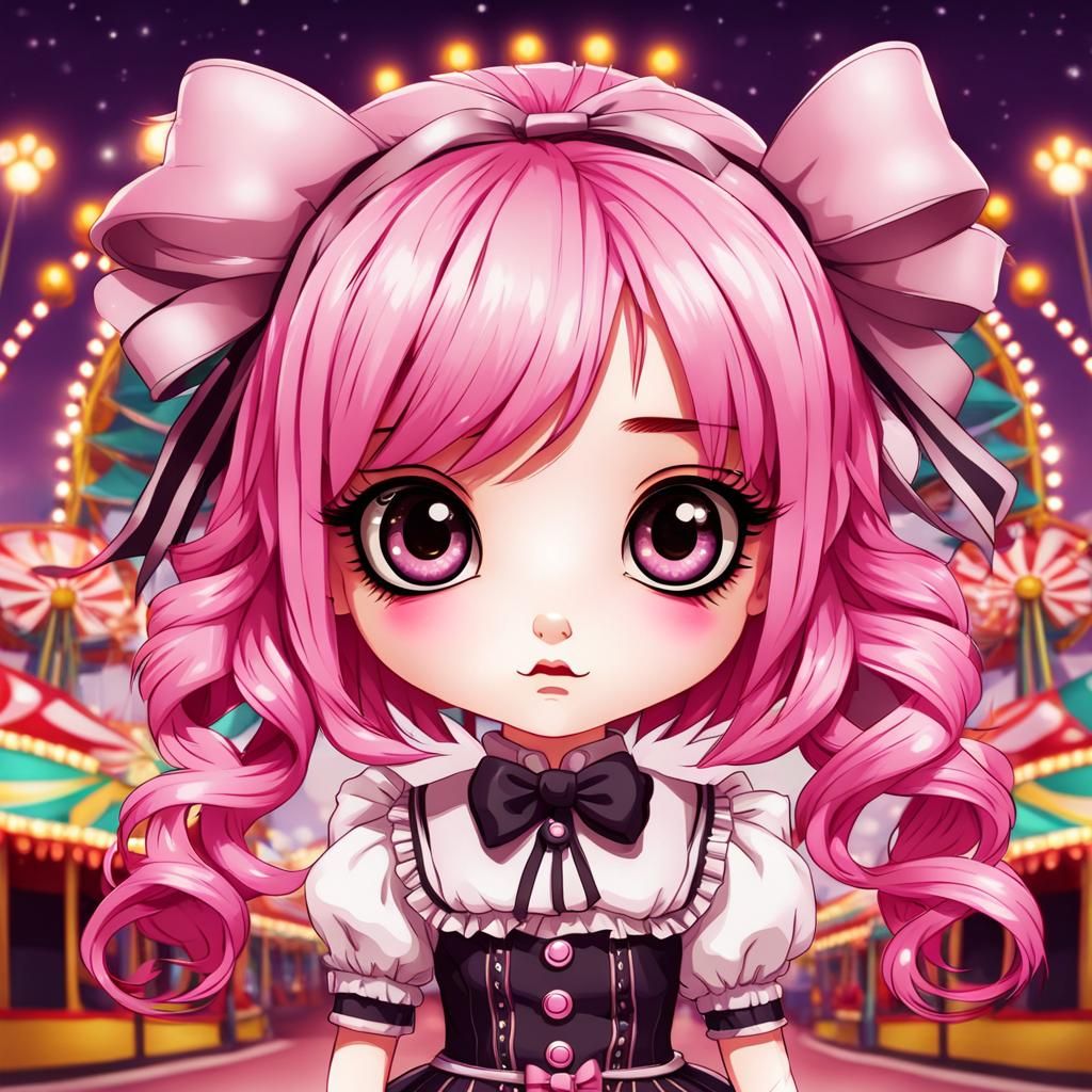 chibi girl with large eyes, pink hair and ribbons, fairground ...