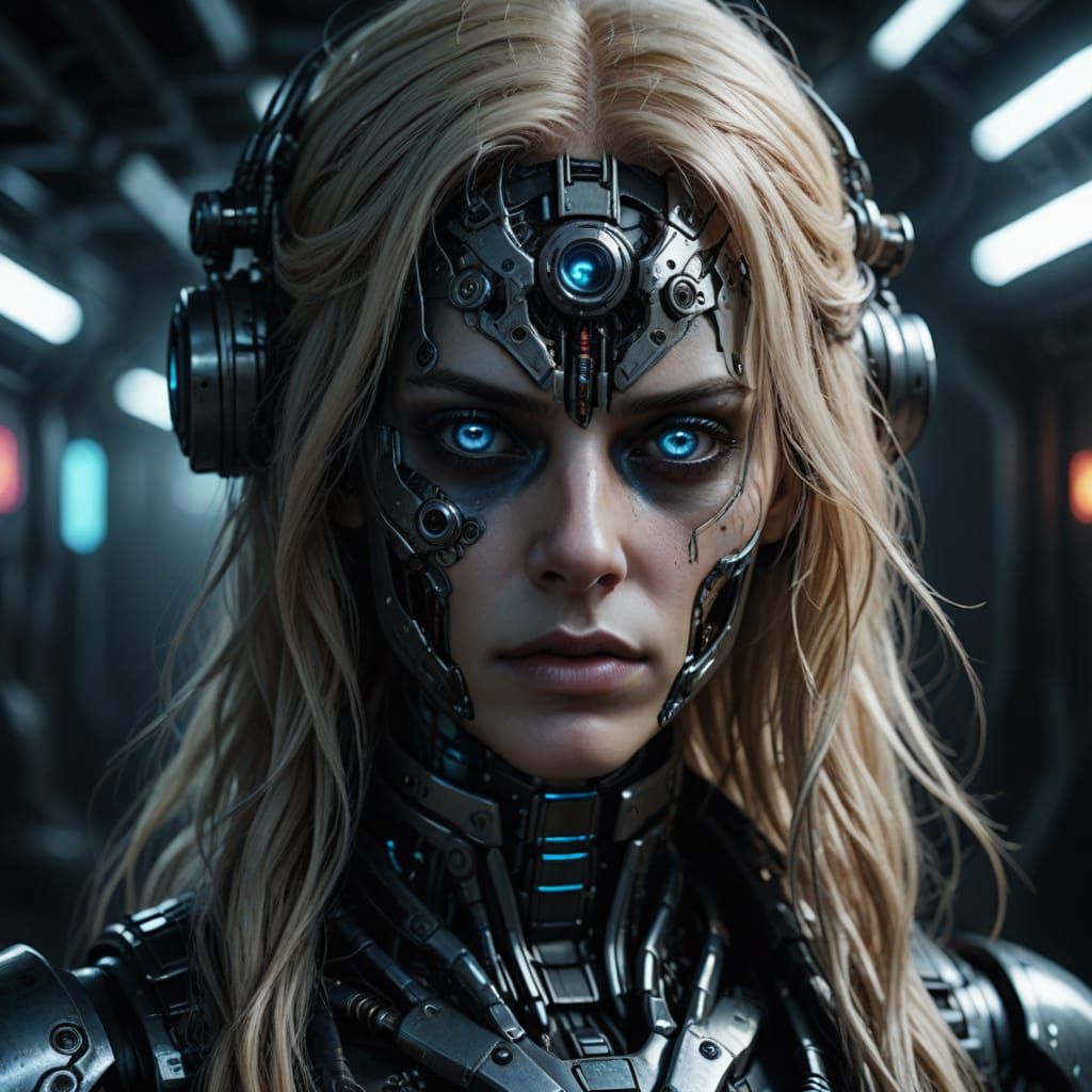Serene Cyberpunk Goddess with Mechanical Features - AI Art