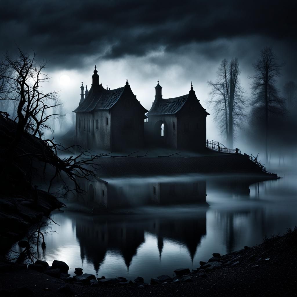 Eerie Place: dark and atmospheric, haunted landscape, mysterious fog ...