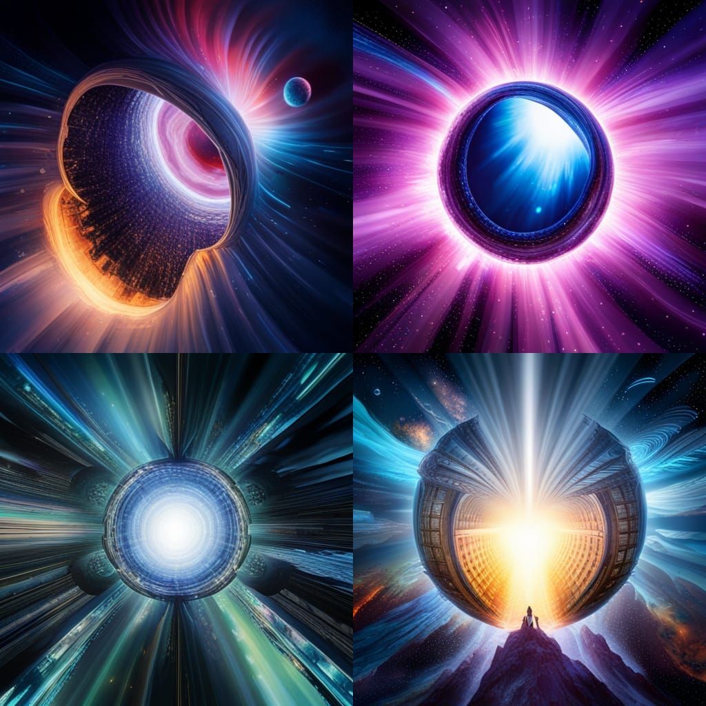 A beautiful matte painting of a UFO going through a wormhole portal ...