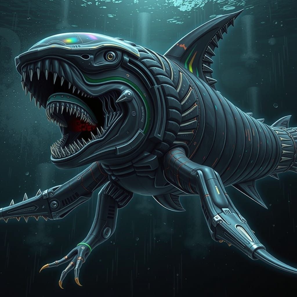 Glowing, Bioluminescent Shark-Creature Emerges fro... - AI Art