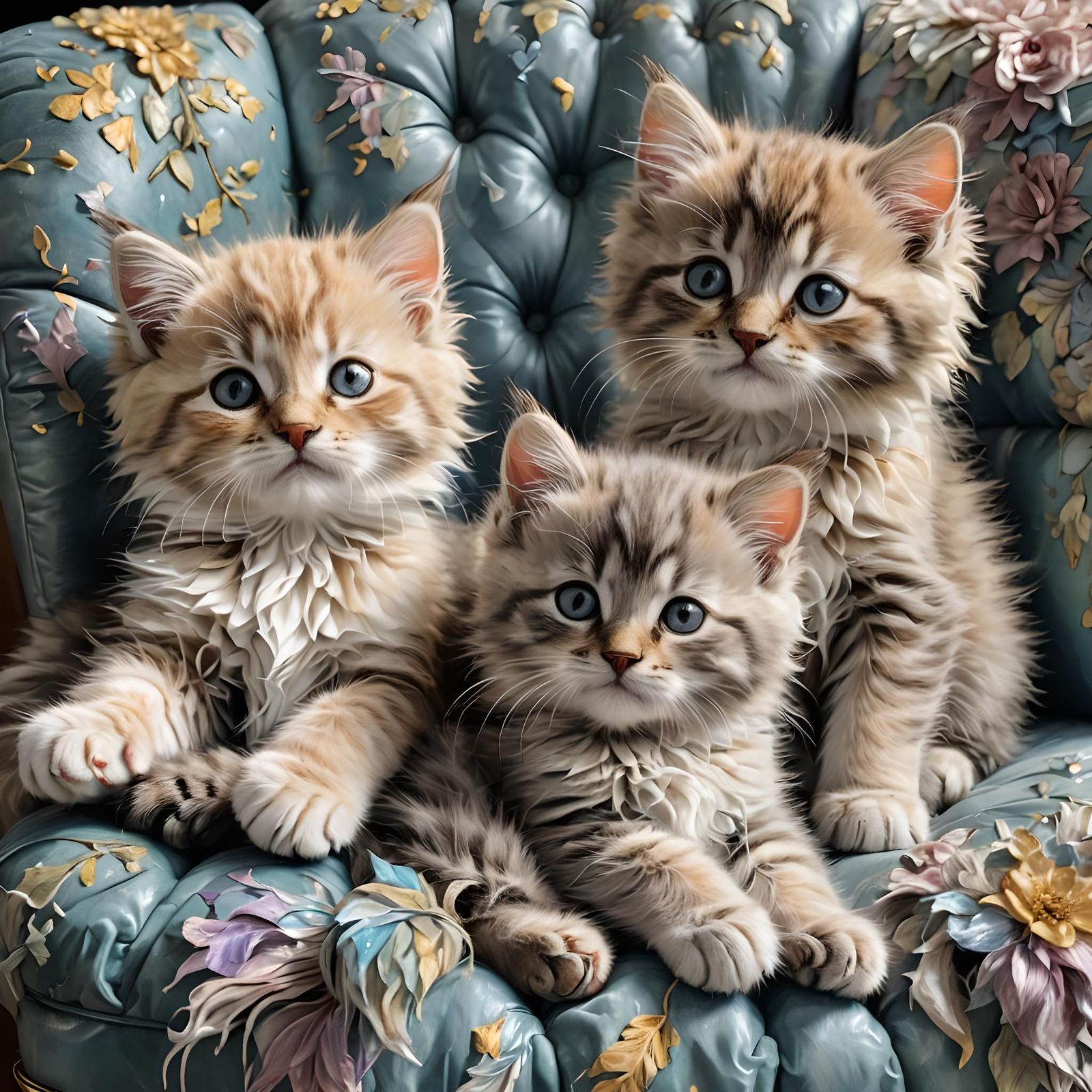 three fluffy kittens all together laying on a chair, intricately ...