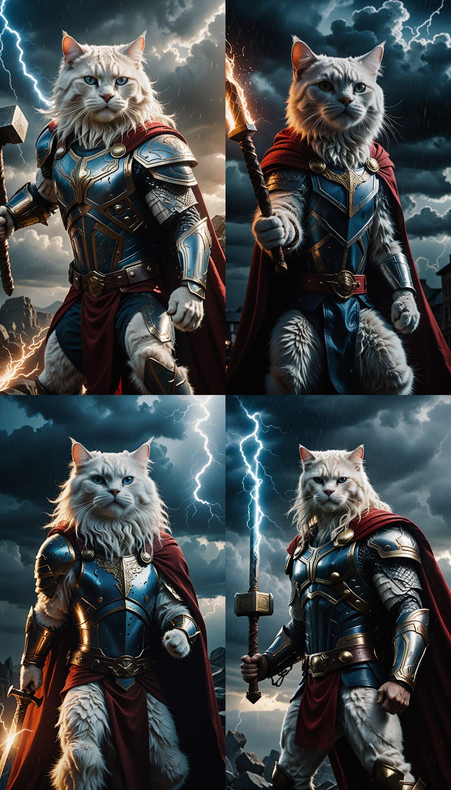 Majestic White Cat God with Electric Hammer - AI Art