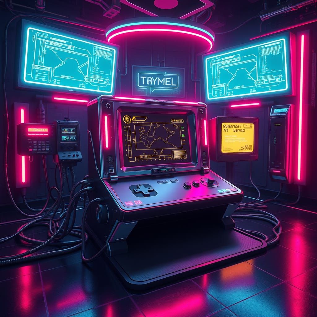 Game - Sleek Cyberpunk Game Console in a High-Tech Neon Drea...
