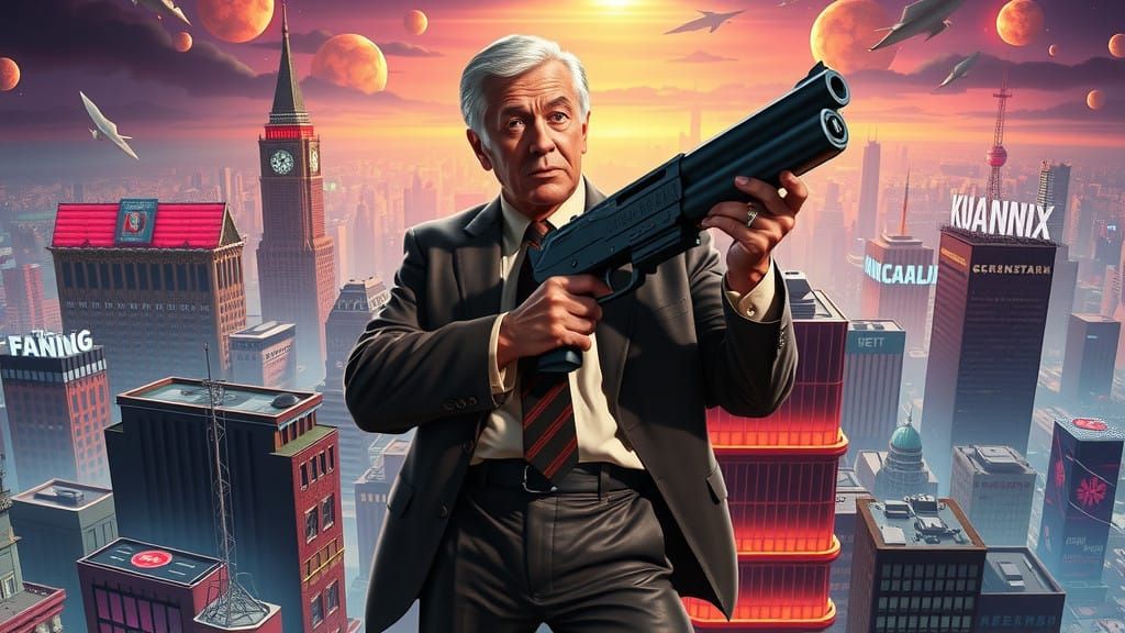 Frank Drebin Stands Tall in a Surreal Cityscape - AI Art