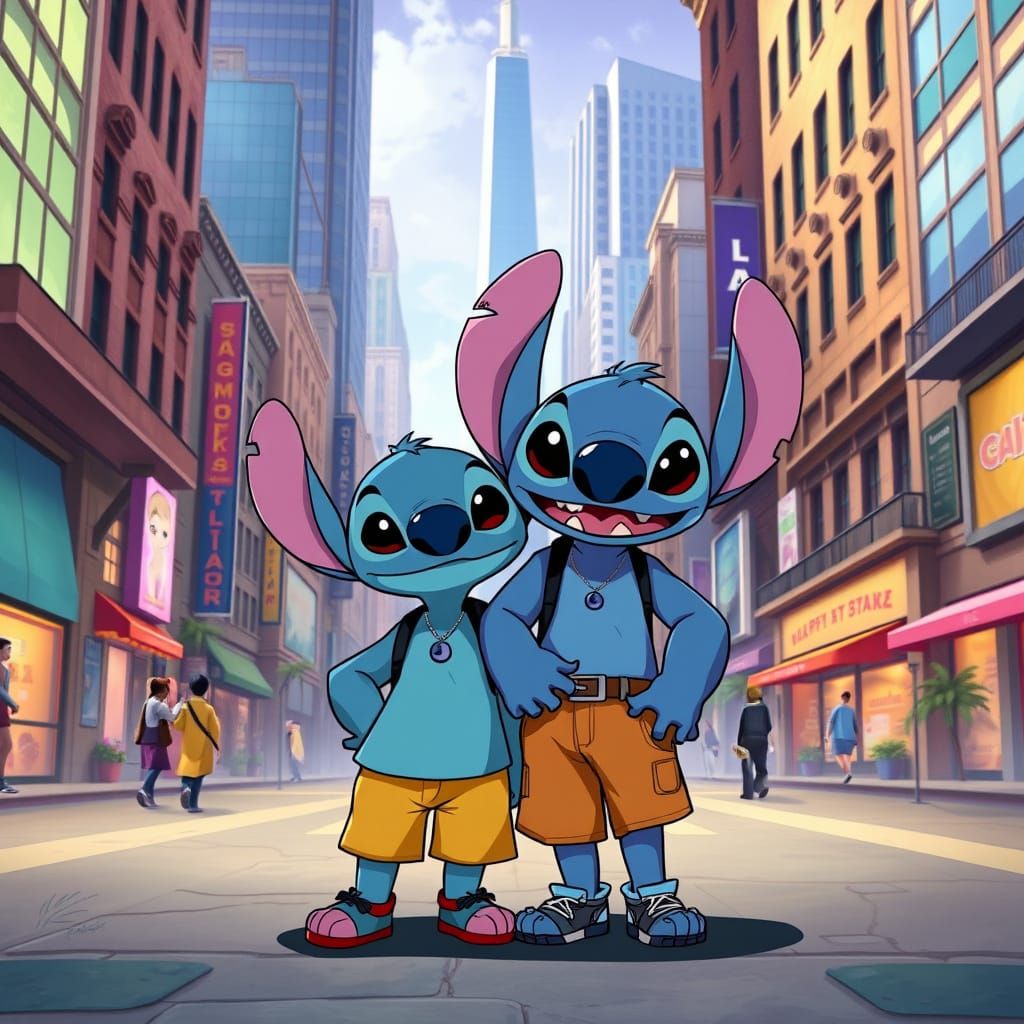 Lilo and Stitch in a Bustling Cityscape - AI Art