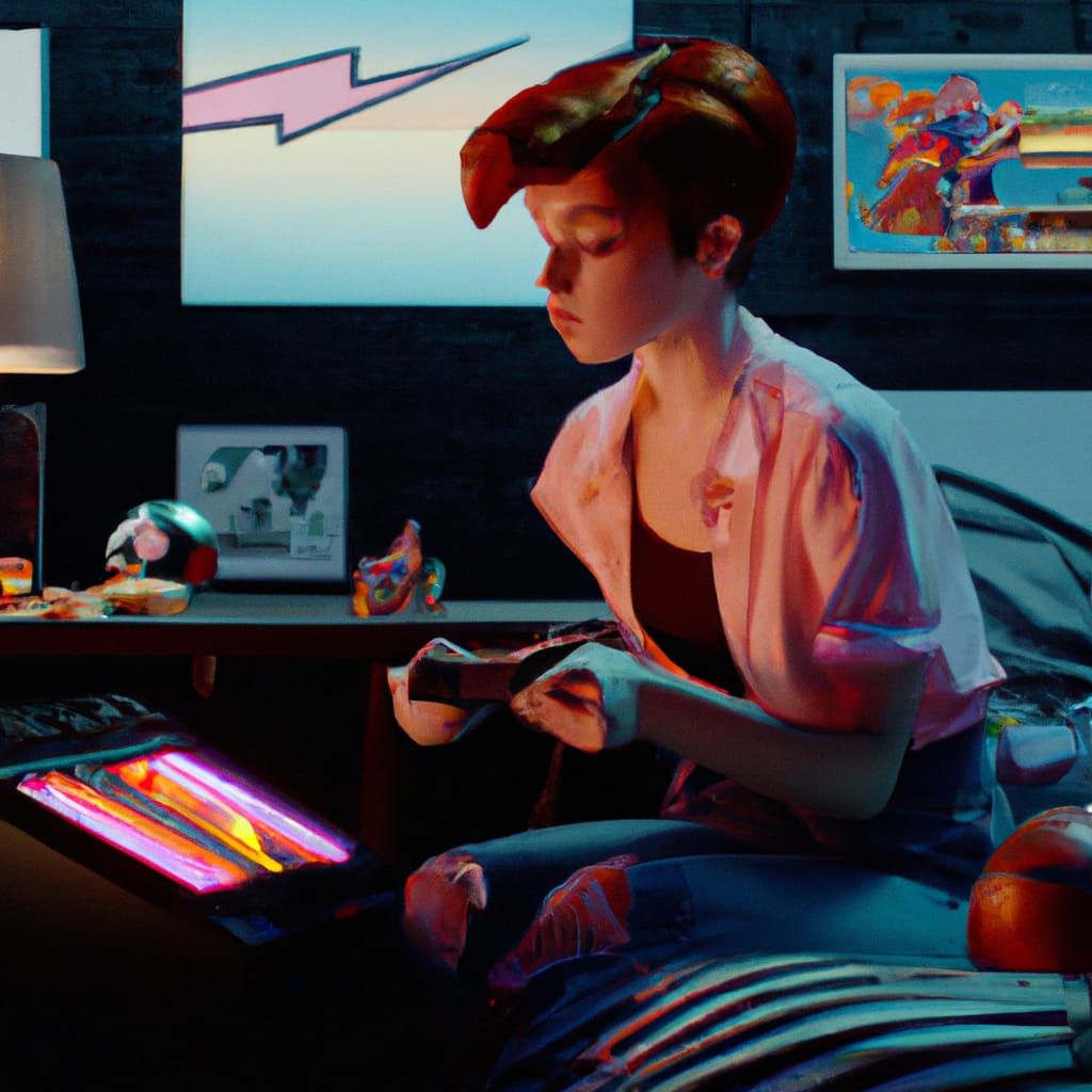 Stoned redhead girl with a pixie cut playing 80s video games in her ...