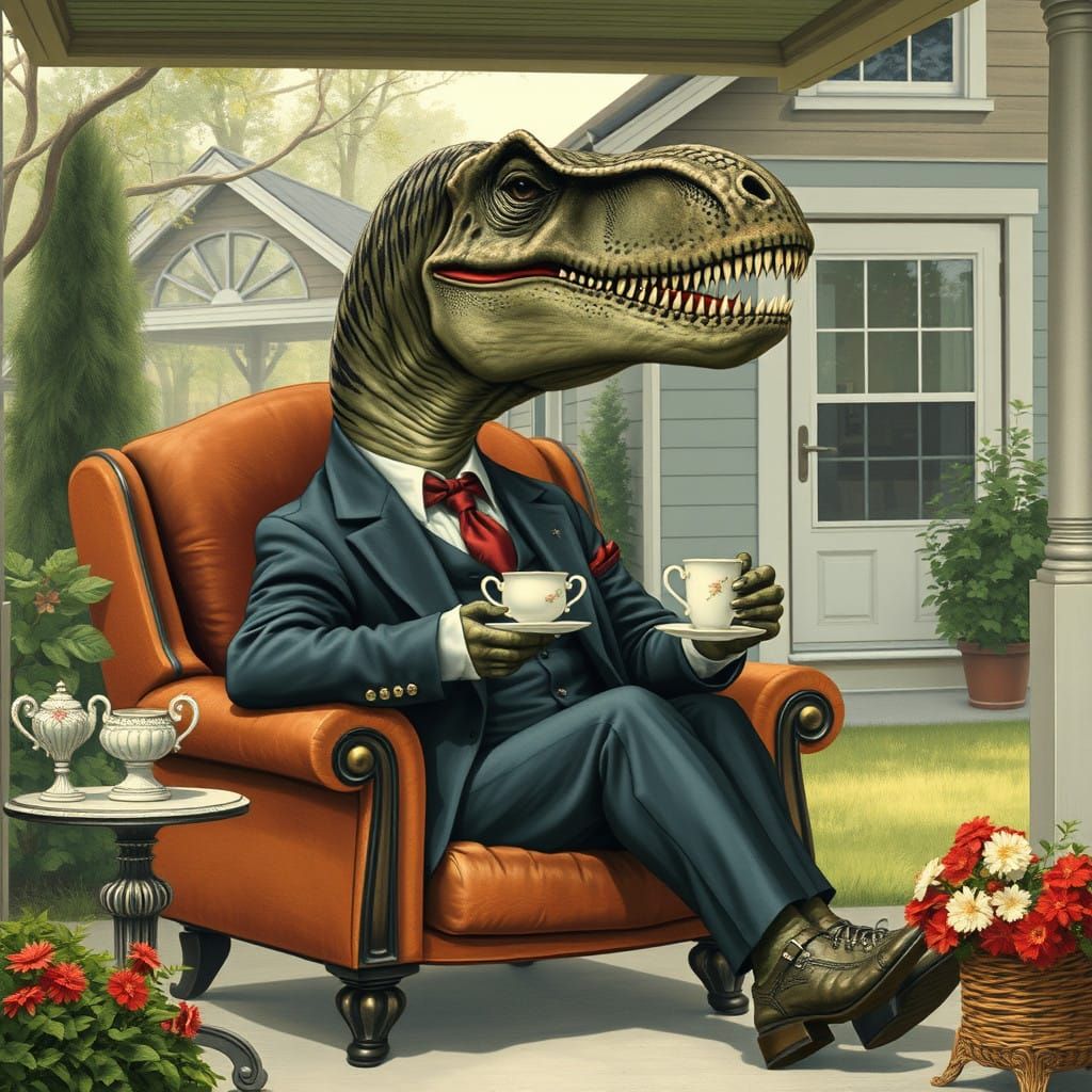 Tyrannosaurus Rex Sips Earl Grey Tea in Whimsical ... - AI Art