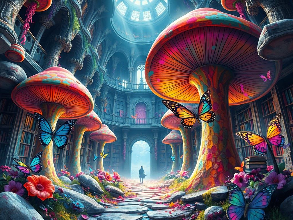 An ancient mythical library constructed from giant rainbowcake mushrooms.