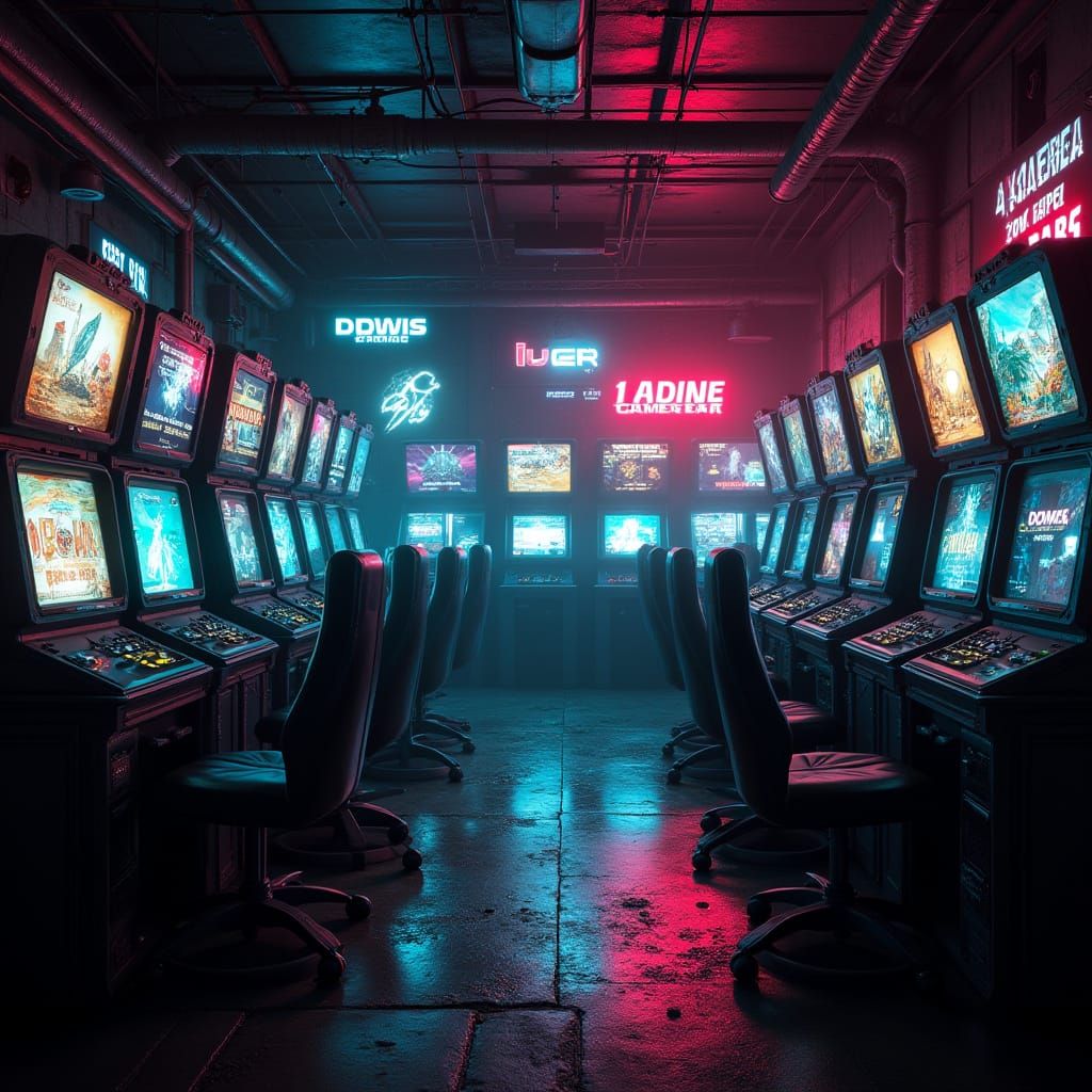 gaming underground - Cyberpunk Gaming Arcade in Neon Lit Fut...