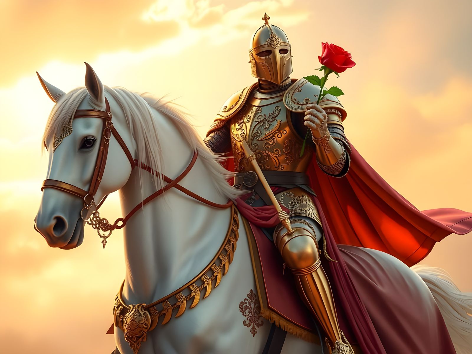Chivalrous Knight in Golden Armor Rides White Hors... - AI Art