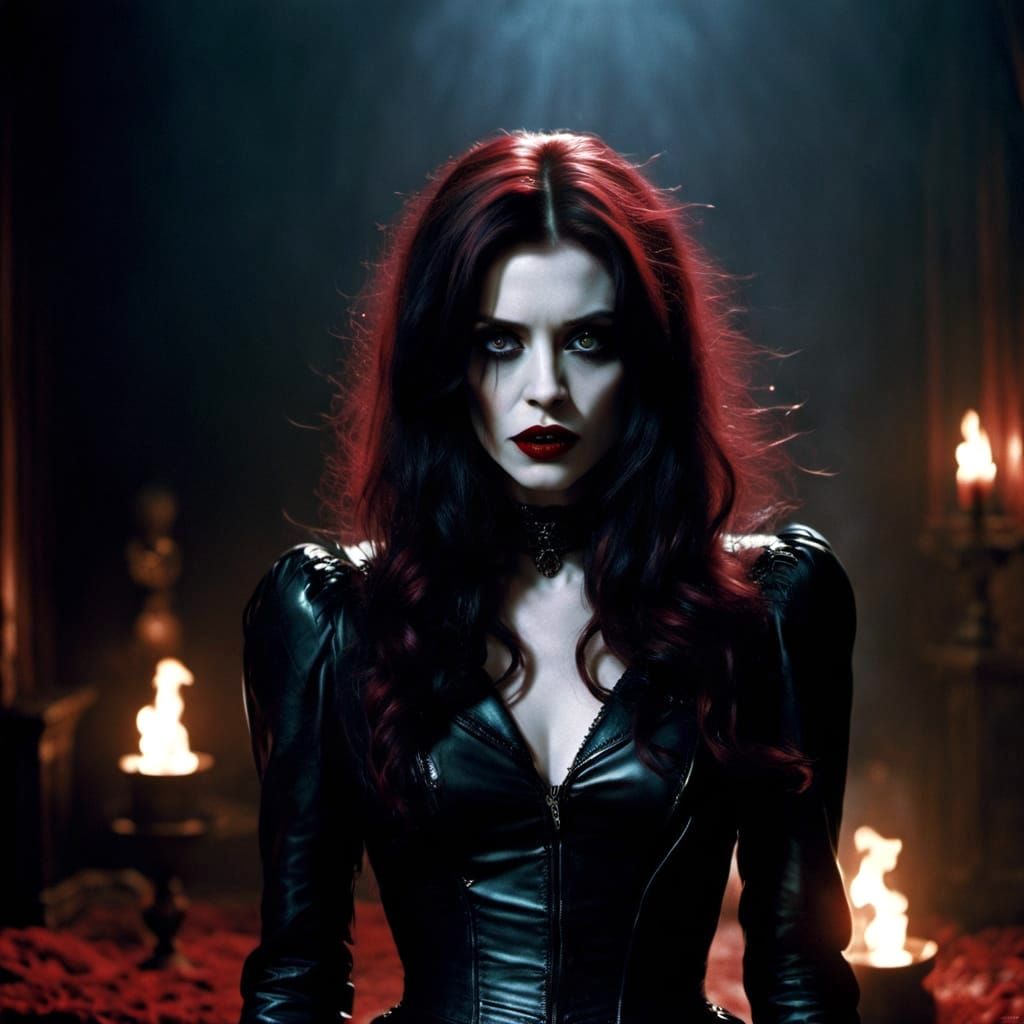 (beautiful Woman Vampire with pale skin and bare vampire teeth in ...