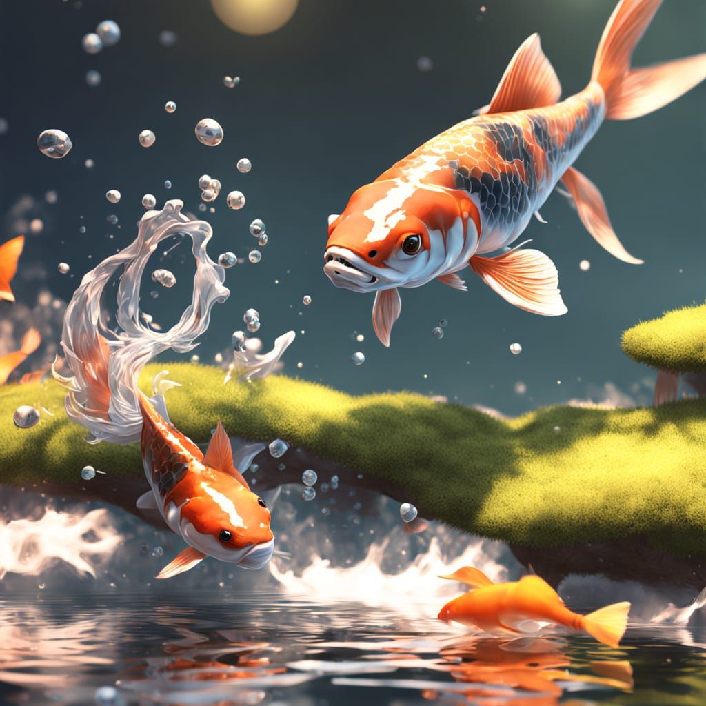 Koi jump out from water - Vibrant Koi Leap from Serene Japan...