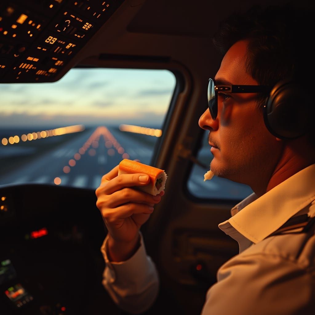 A cockpit with a view of a runway. In the cockpit a male pilot eating ...