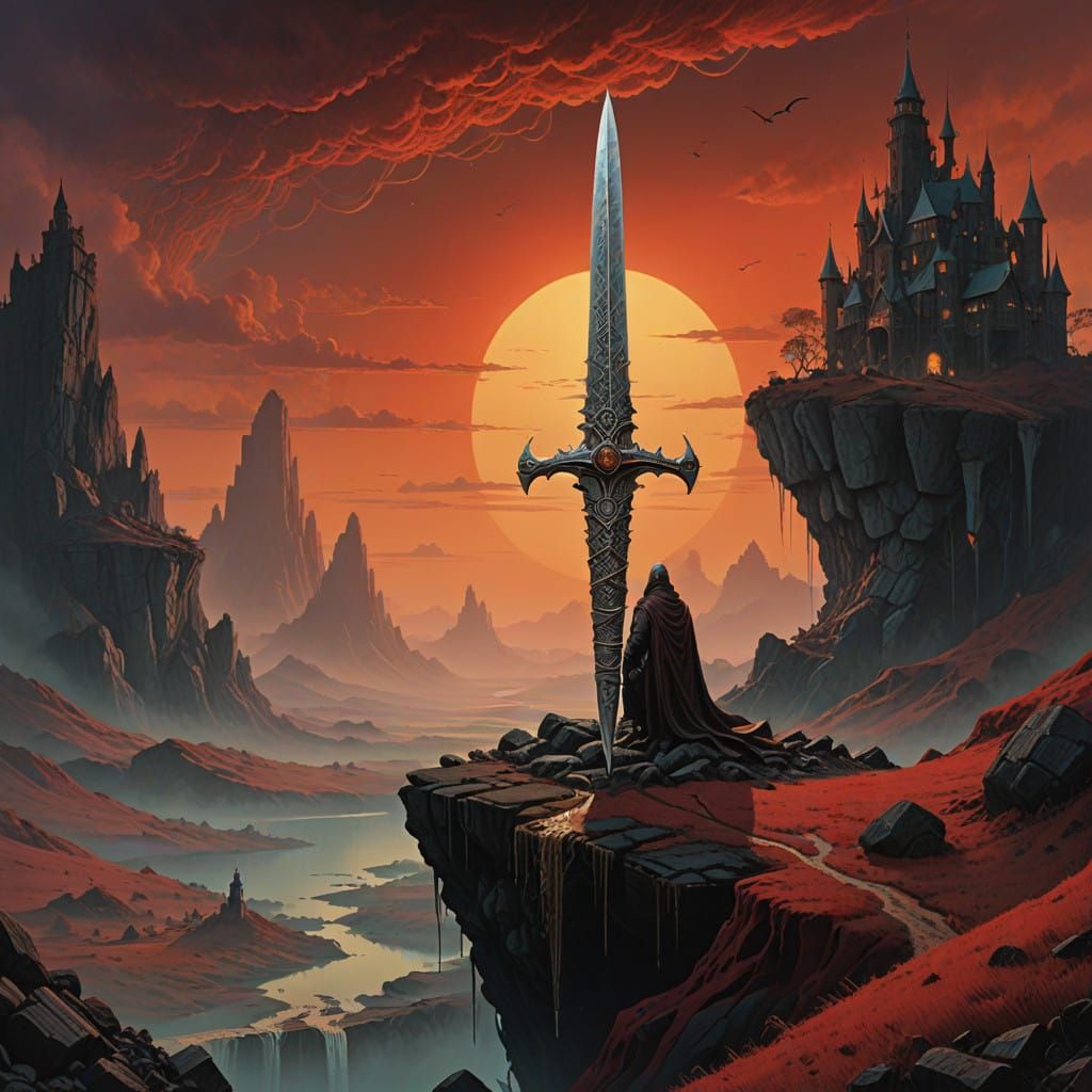 Ethereal Silver Dagger on Velvet Red Fabric in Fan... - AI Art