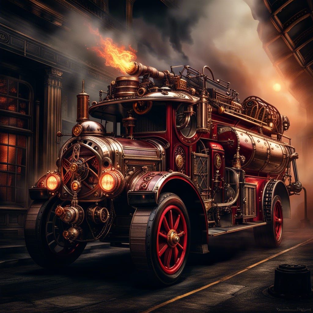 Steampunk Fire Truck Coming Off the Line - AI Generated Artwork ...
