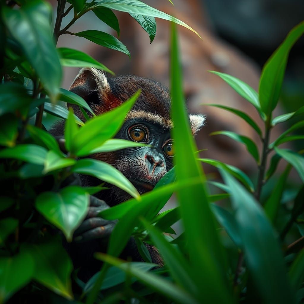 A hidden monkey in a zoo exhibit - Surreal Monkey Peeks from...