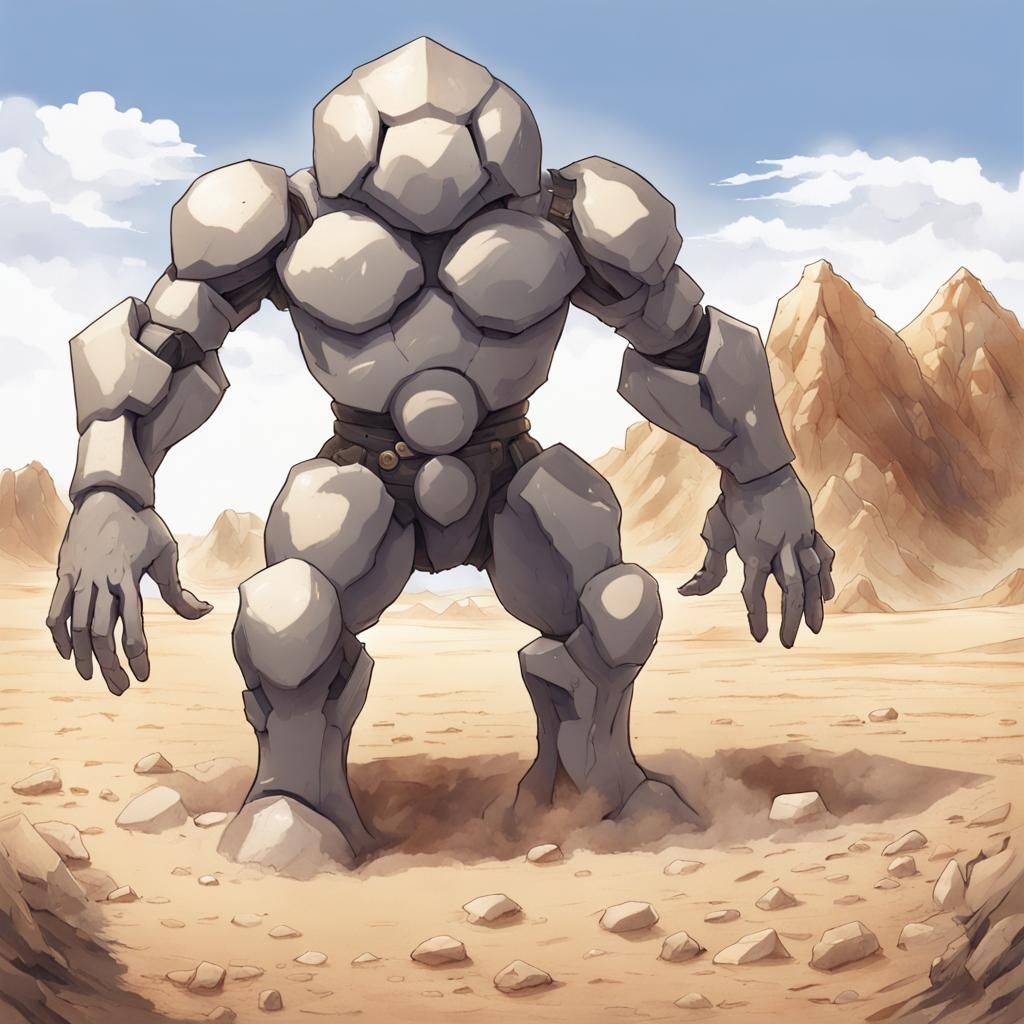 golem, made out of minerals, two arms, two legs, helmet on head ...
