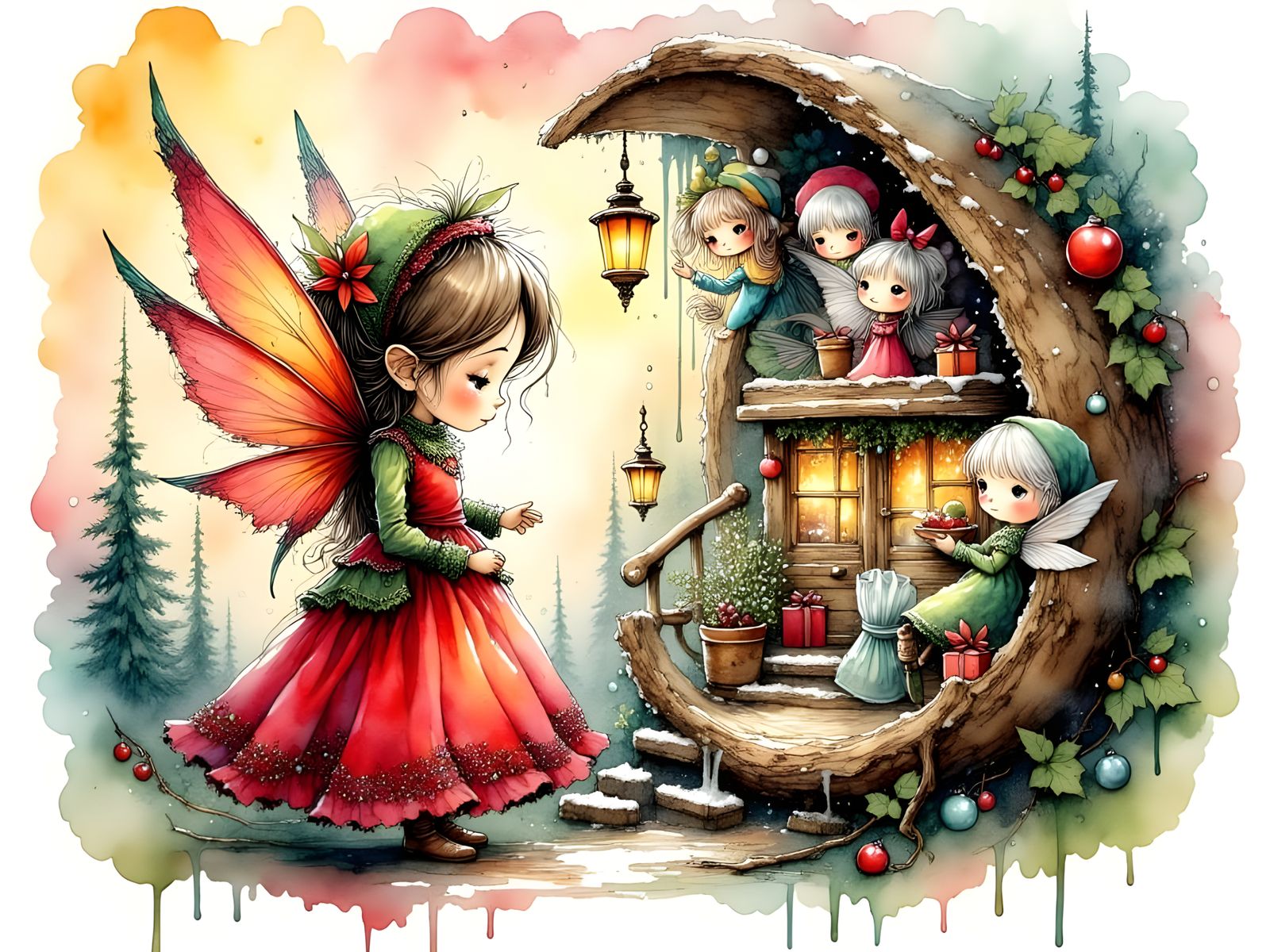 Fairy Yuletide - Whimsical Christmas Fairy Scene in Watercol...
