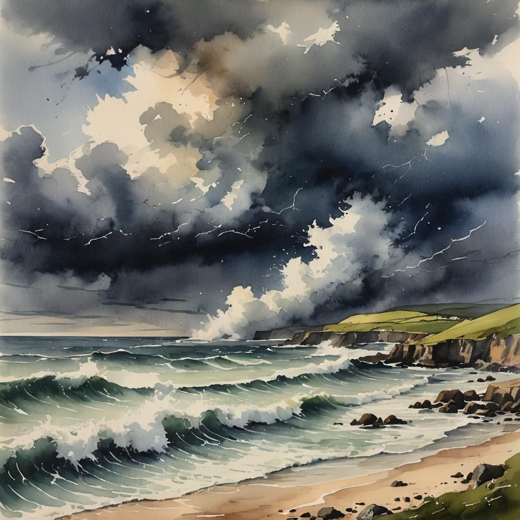 Loose watercolour painting of a storm at the coast - AI Generated ...