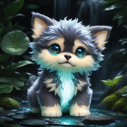 adorable cute chibi baby furry Puppy with a bioluminescent Waterfall in ...