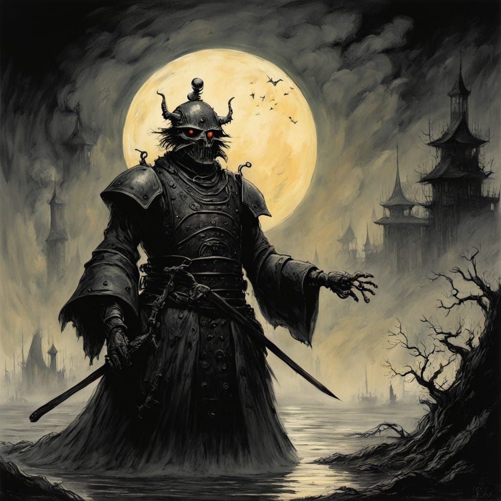 Surreal Samurai Robot in Sunset, Intricate Brushwo... - AI Art