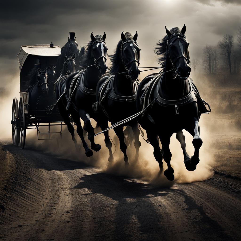 A calèche pulled by 4 coal-black horses by Jonas De Ro. Horror, scary ...