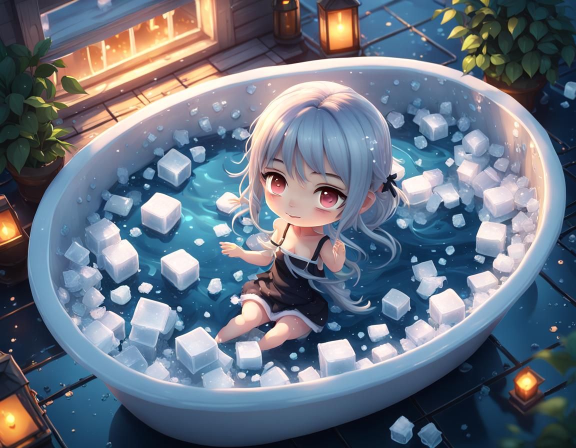 Chibi girl in a bathtub full of ice cubes - AI Generated Artwork ...