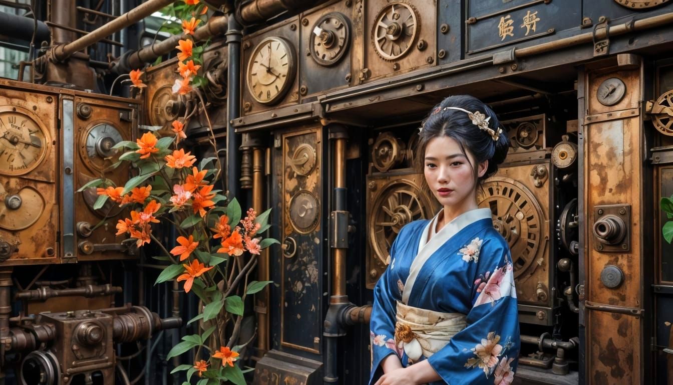 Geisha in a workshop - Steampunk Geisha in a Whimsical Oasis