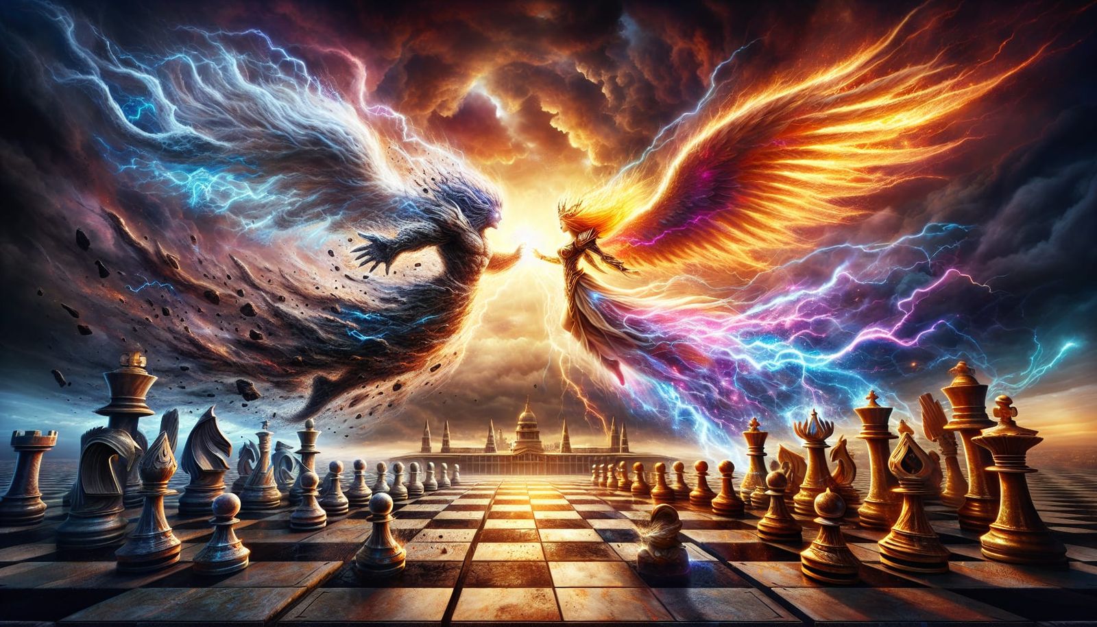 Chess between good and evil - AI Generated Artwork - NightCafe Creator