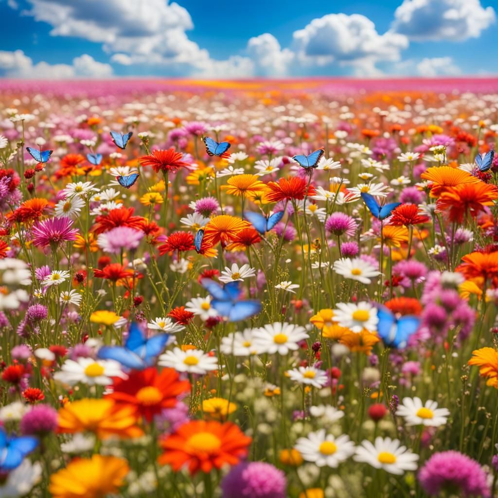 large field of beautiful multi-colored flowers, small butterflies, blue ...