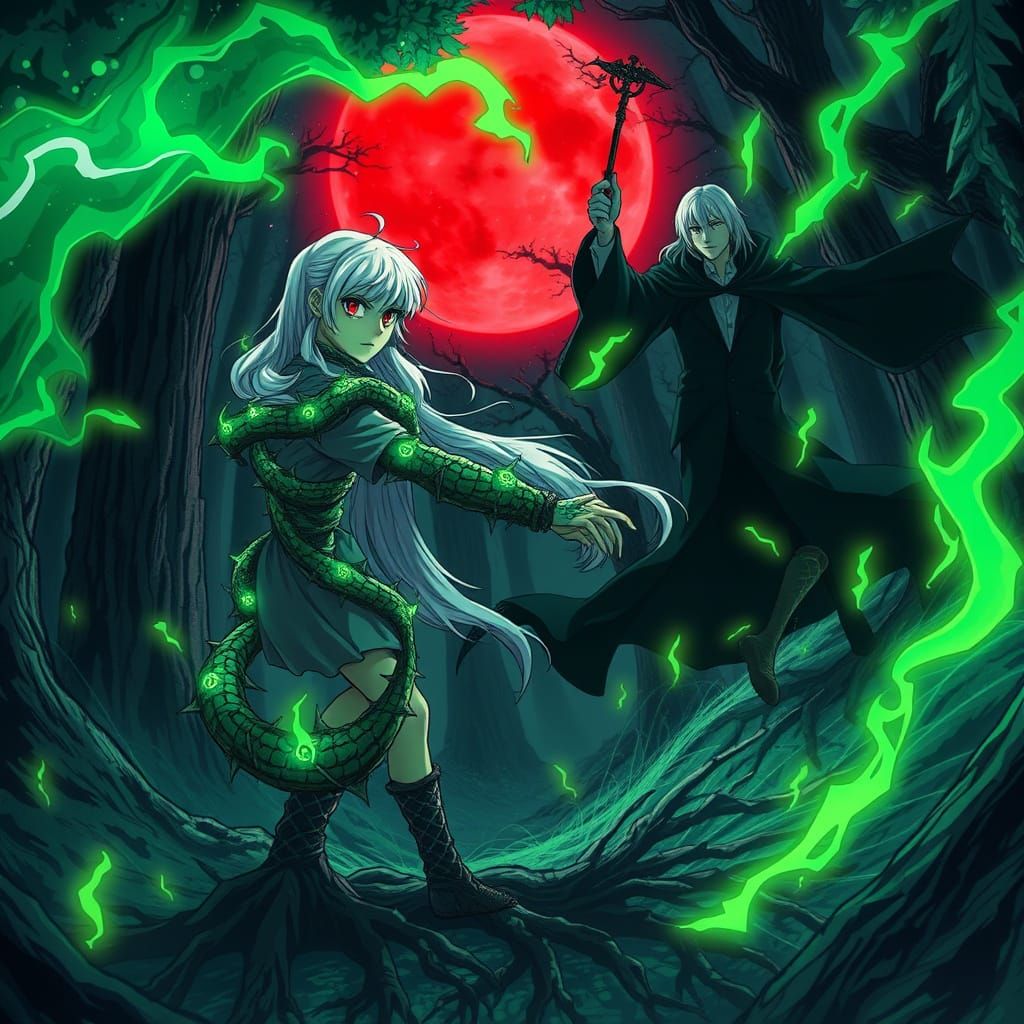 Glowing Anime Girl Stands Fiercely in Forbidden Fo... - AI Art