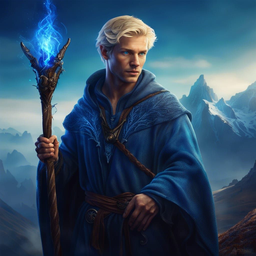 Blond, young Caucasian man, with blue eyes, dressed as a mage with a ...