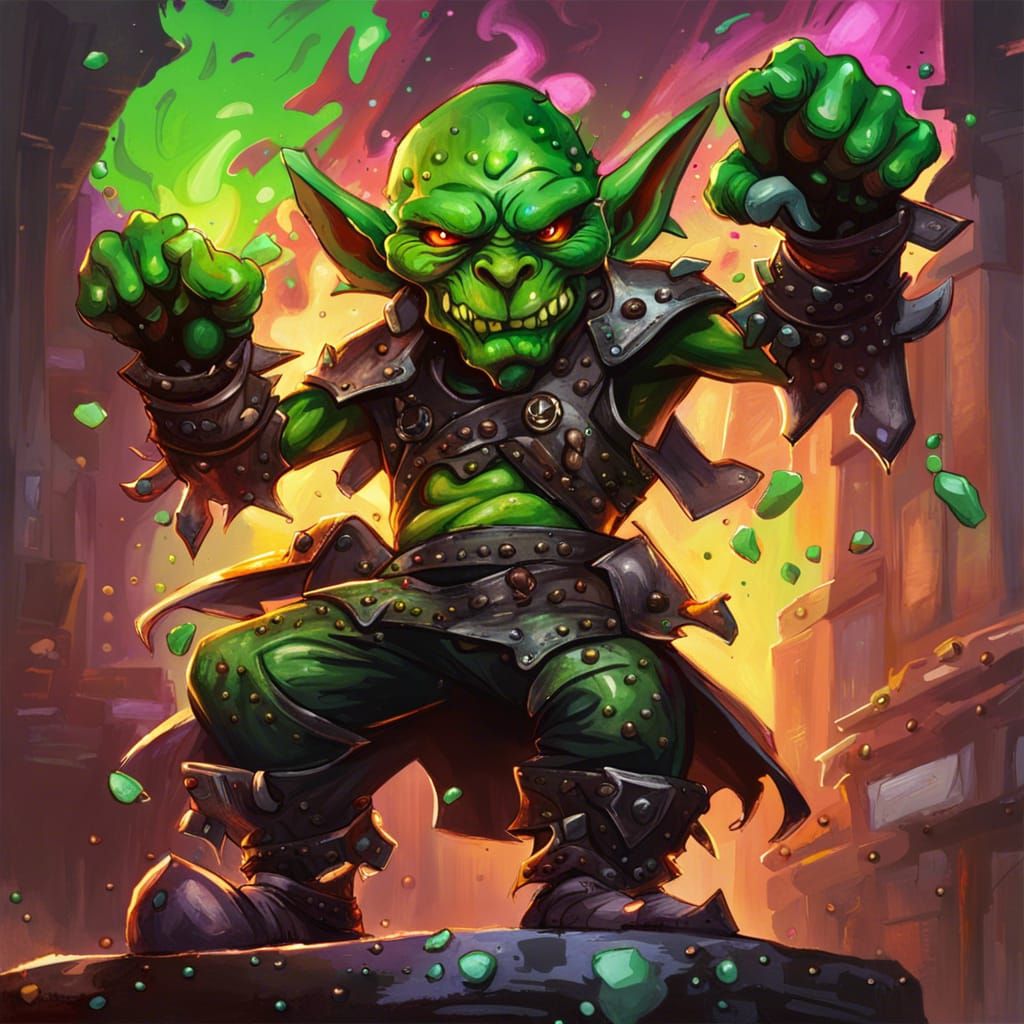 Goblin psychic brawler with green flames on fists in studded leather ...