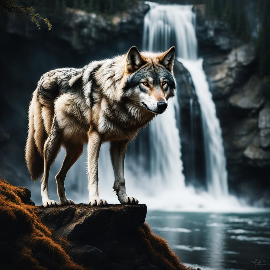 Intricately detailed double exposure of a wolf and a waterfall - AI ...