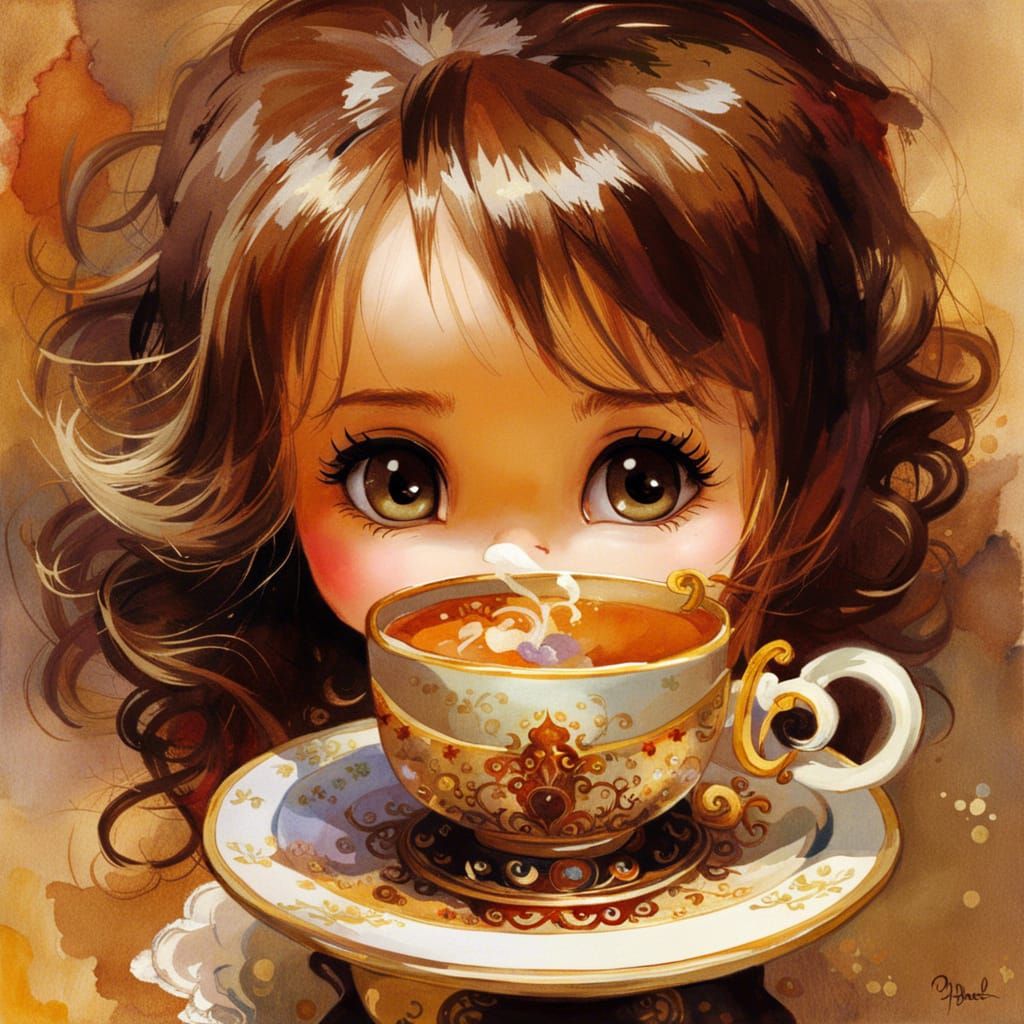 chibi adorable cup of coffee on a patterned saucer : "steaming brown ...