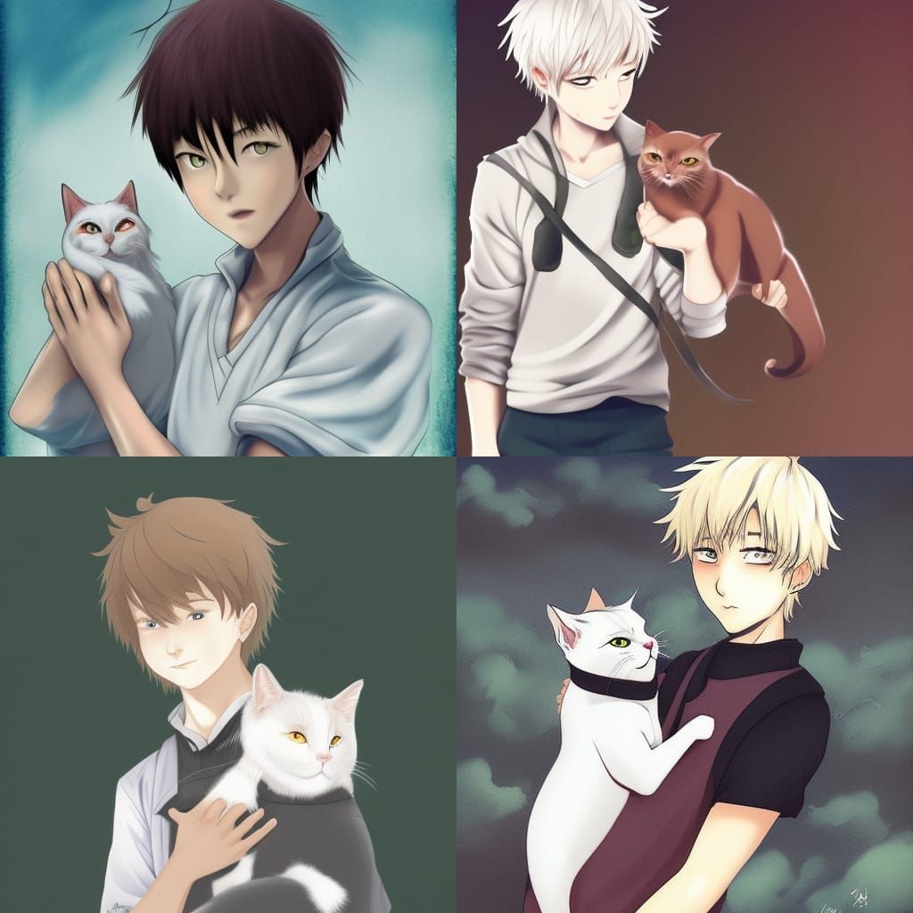 boy with white cat in hands - AI Generated Artwork - NightCafe Creator