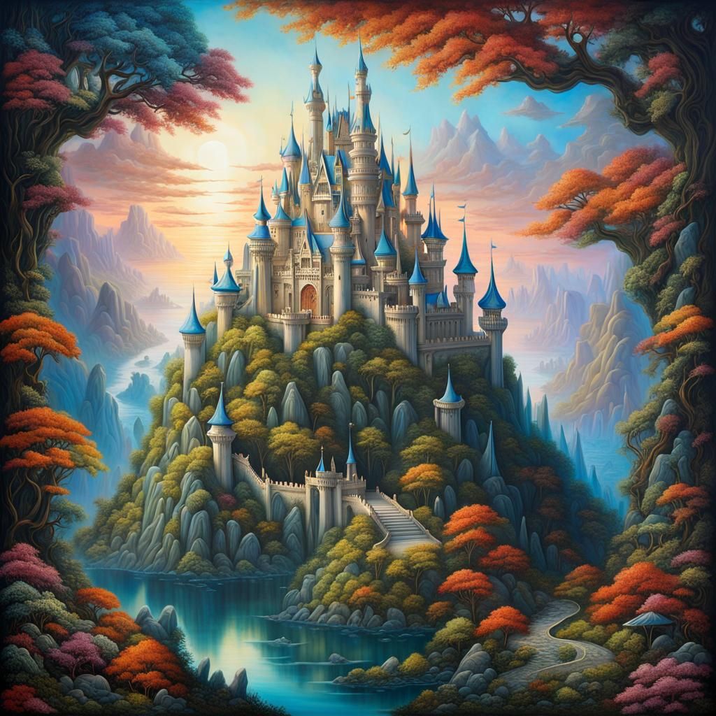 Surrealist painting of a fairytale castle, populated with mythical ...