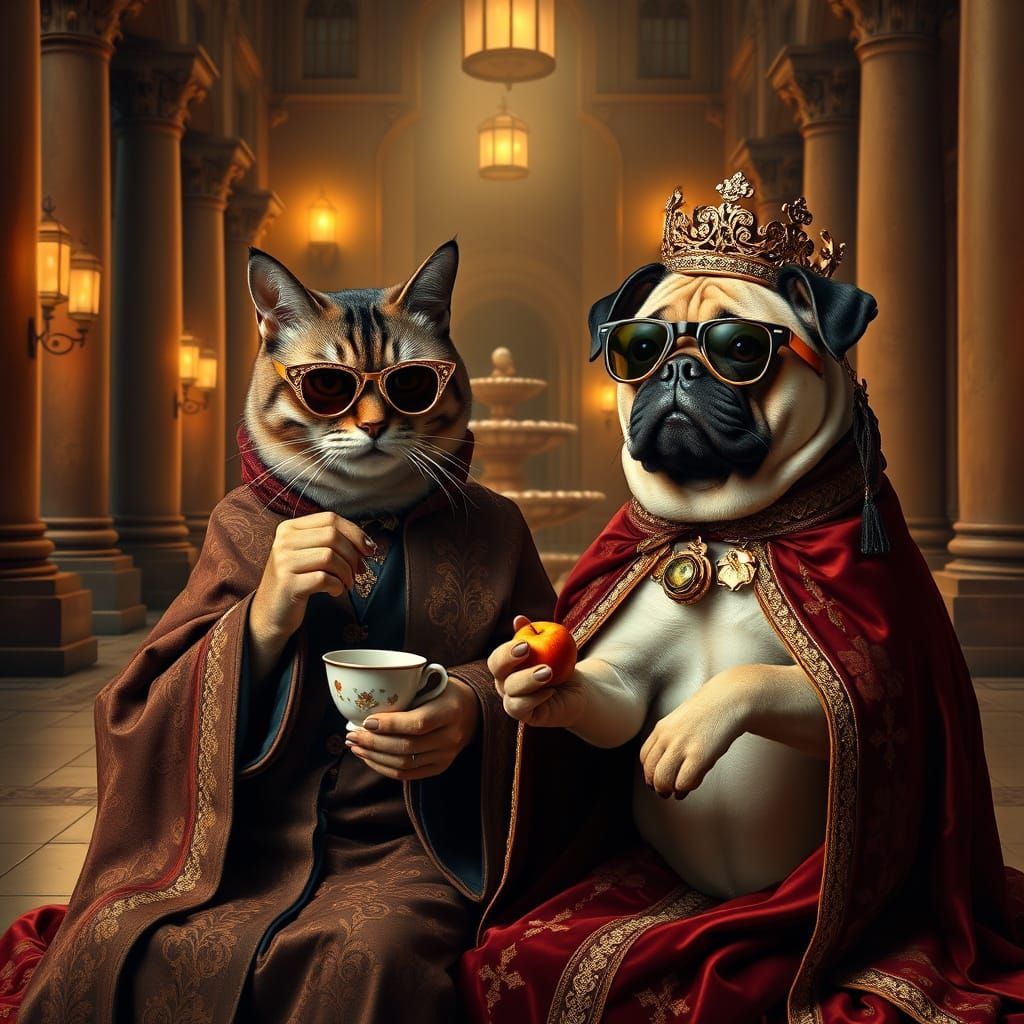 Medieval Aristocrats: Regal Cat and Pug in Palace ... - AI Art