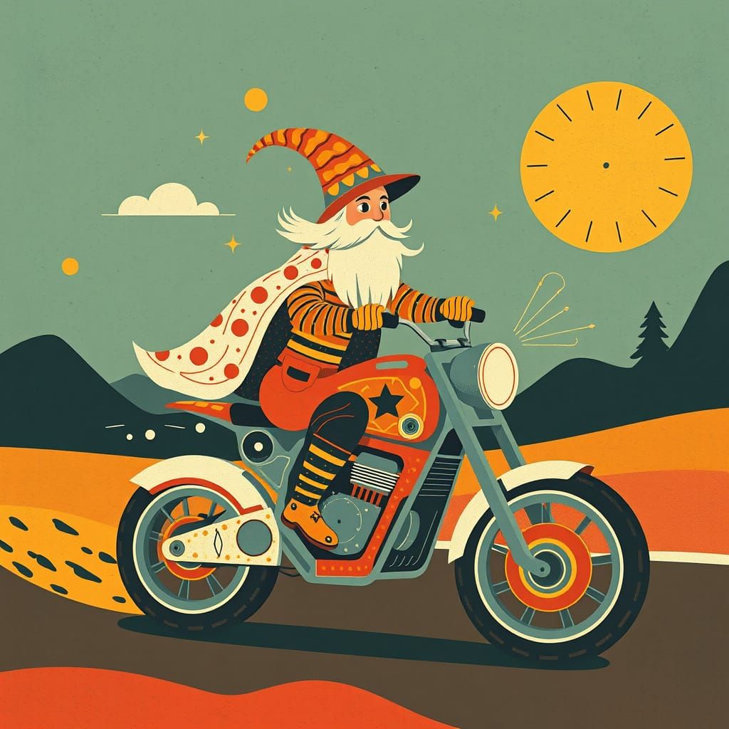 Whimsical Wizard Rides Futuristic Motorcycle in Fo... - AI Art