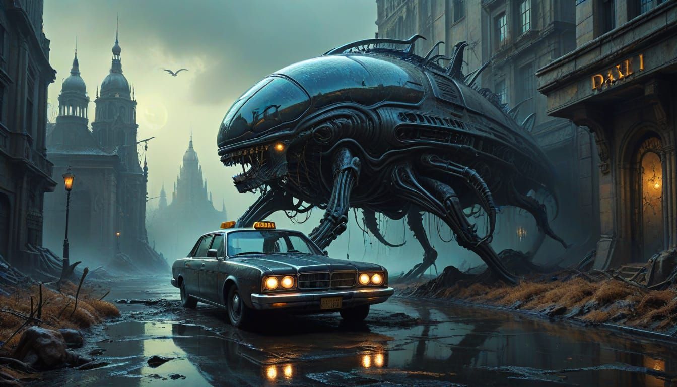 alien-taxi - Retro-Futuristic Alien Taxi Speeds Through Melt...