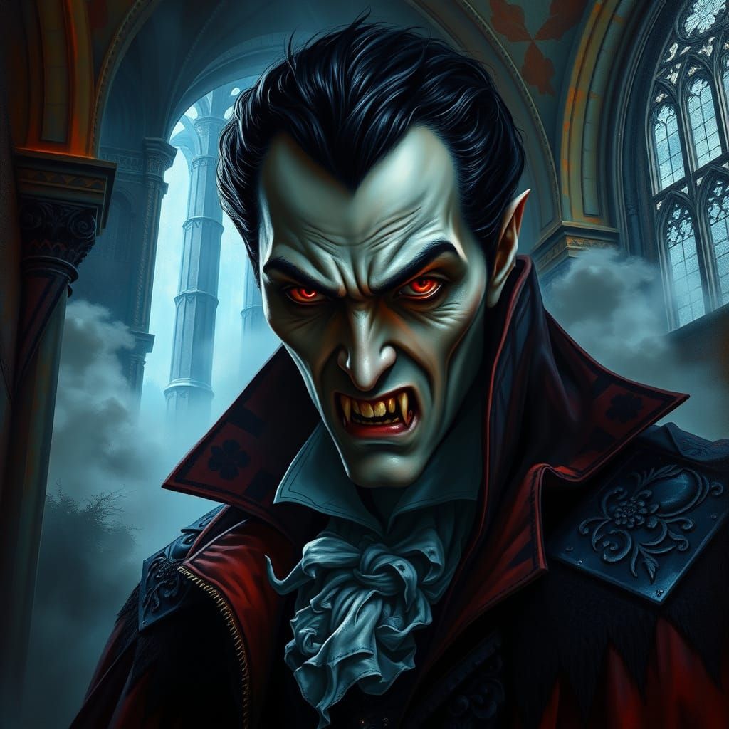 Hyperrealistic Vampire Lord in Gothic Castle, Shro... - AI Art